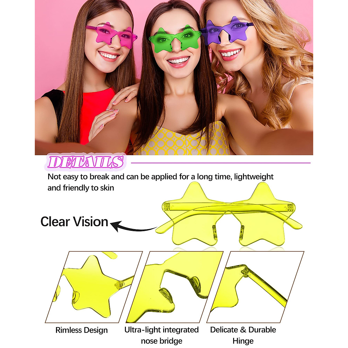 6 Pairs Star Shaped Rimless Sunglasses Neon Glasses Colored Transparent Neon Accessories for Halloween Women Men Party(Bright Color)