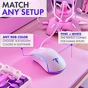 Tilted Nation White Gaming Mouse Wired, LED RGB Mouse for PC Gamers w/Lightweight Paracord Cable USB, 7 Programmable Buttons, Ergonomic Side Grips, 10K DPI, Mechanical Switches - White Mouse