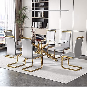 FURNITO Glass Dining Table,Gold Dining Room Table,Transparent Glass Kitchen Table with Golden Chrome Legs,71'' Oval Glass Dining Table Ideal for Living Room Home Office(6-8 People)