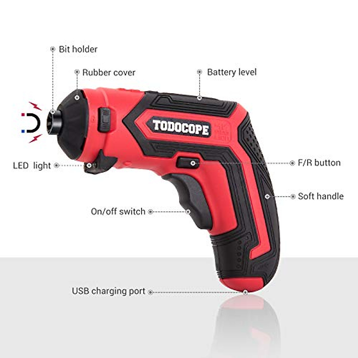 TODOCOPE 4 in 1 Electric Screwdriver Cordless, 4V MAX 1500mAh Li-ion Cordless Screwdriver Rechargeable, with 4 Multi-function Attachment and Charger