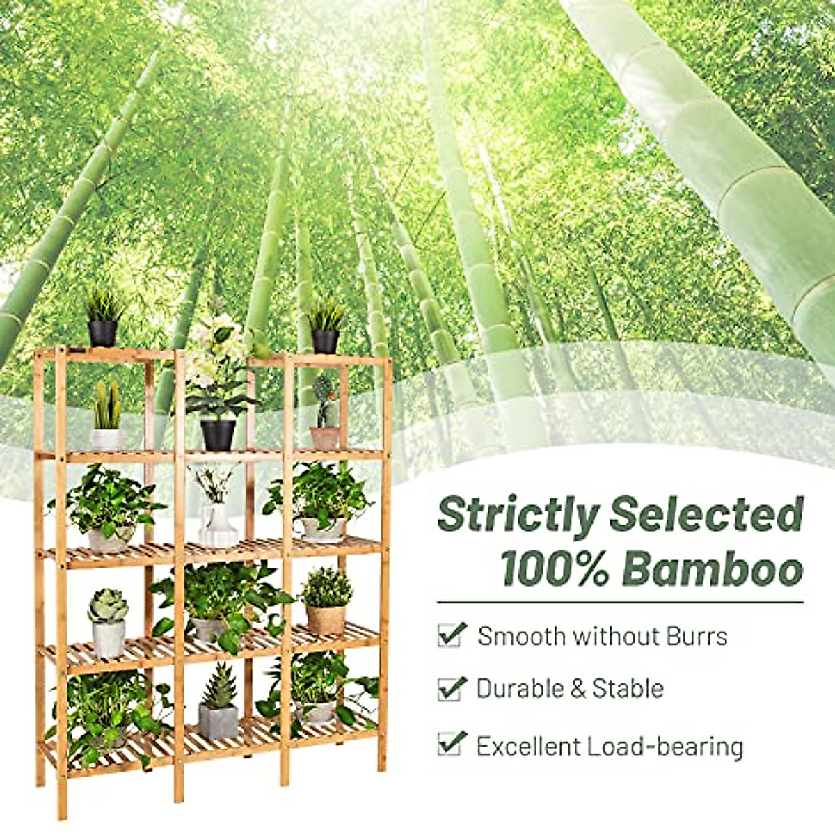 COSTWAY Plant Stand Indoor, 5-Tier Bamboo Plant Display Organizer with Stand for Multiple Plants, Plant Shelf Outdoor for Window, Garden, Balcony, Living Room