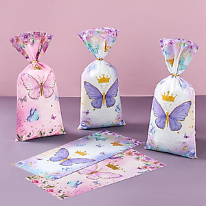Purple Pink Butterfly Candy Bag - 100pcs Pink and Purple Gift Wrap Clear Gift Bags Candy Bags Cookie Bags Party Favor Bags for Bakery, Birthday, Wedding, Baby Shower Party Decoration