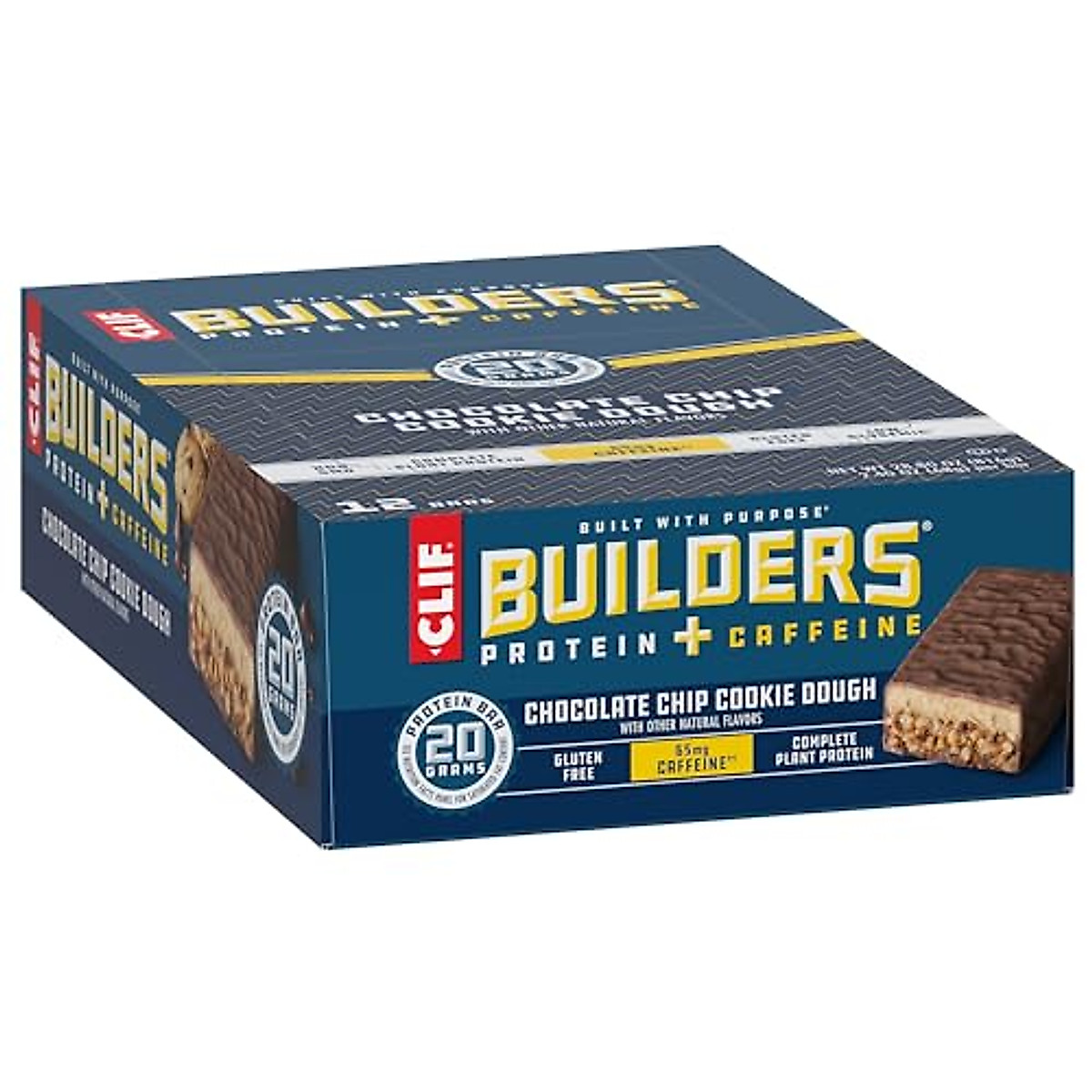 CLIF Builders + Caffeine - Chocolate Chip Cookie Dough Flavor - Protein Bars - Gluten-Free - Non-GMO - Low Glycemic - 20g Protein - 2.4 oz. (12 Count)