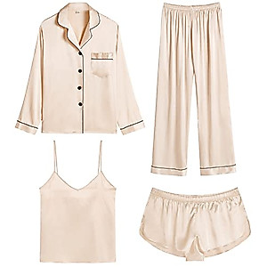 SWOMOG Women's Satin Pajamas 4 Pcs Pajama Set Cami Short Set and Long Sleeve Button Down Pj Sets Champagne