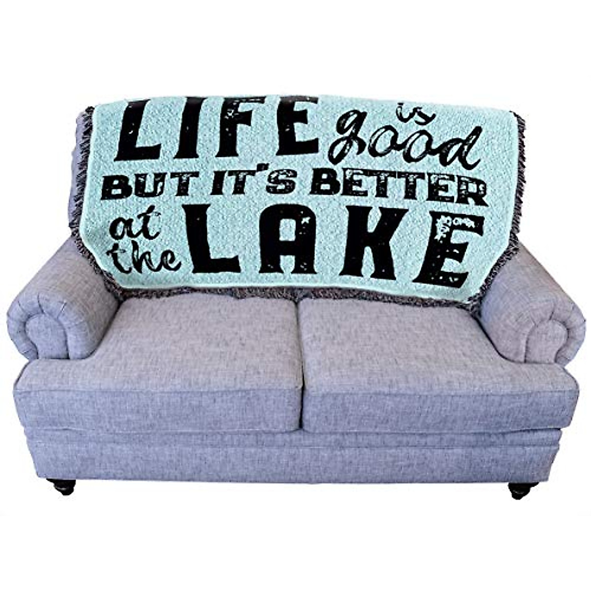 Pure Country Weavers Life is Better at The Lake House Teal Blanket - Lodge Cabin Gift Tapestry Throw for Back of Couch or Sofa - Woven from Cotton - Made in The USA (61x36)