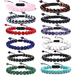 SAMOCO 12 Pcs 8mm Beads Natural Crystal Bracelet for Women Men Gemstone Beads Bracelet Unisex Adjustable Macrame Bracelets Set