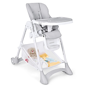 HONEY JOY Baby High Chair, Foldable Highchair for Babies and Toddlers, Detachable Trays & PU Leather Seat Cushion, 4 Wheels with Locks (Gray)