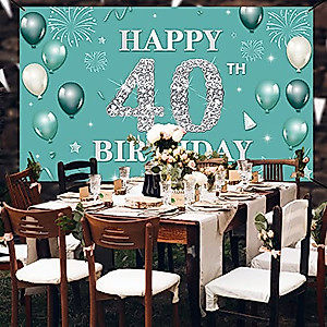 40th Birthday Banner Backdrop, Teal Silver Happy 40th Birthday Decorations Women, Turquoise 40 Years Old Birthday Photo Props, Forty Birthday Party Sign for Outdoor Indoor, Fabric Vicycaty