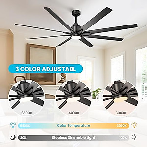 CJOY 72 inch Large Ceiling Fans with Lights and Remote, Black Modern Ceiling Fan for Patio 8 Blades, 6-Speed, Reversible DC Motor, Dimmable LED, Ceiling Fan with 12" & 24" Downrod, Indoor/Outdoor