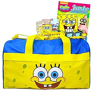 Spongebob Duffle Bag Set For Kids - 4 Pc Bundle With Spongebob Luggage Carry On Suitcase Bag, Spongebob Coloring Book, Stickers, and More (Spongebob Travel Activity Set)