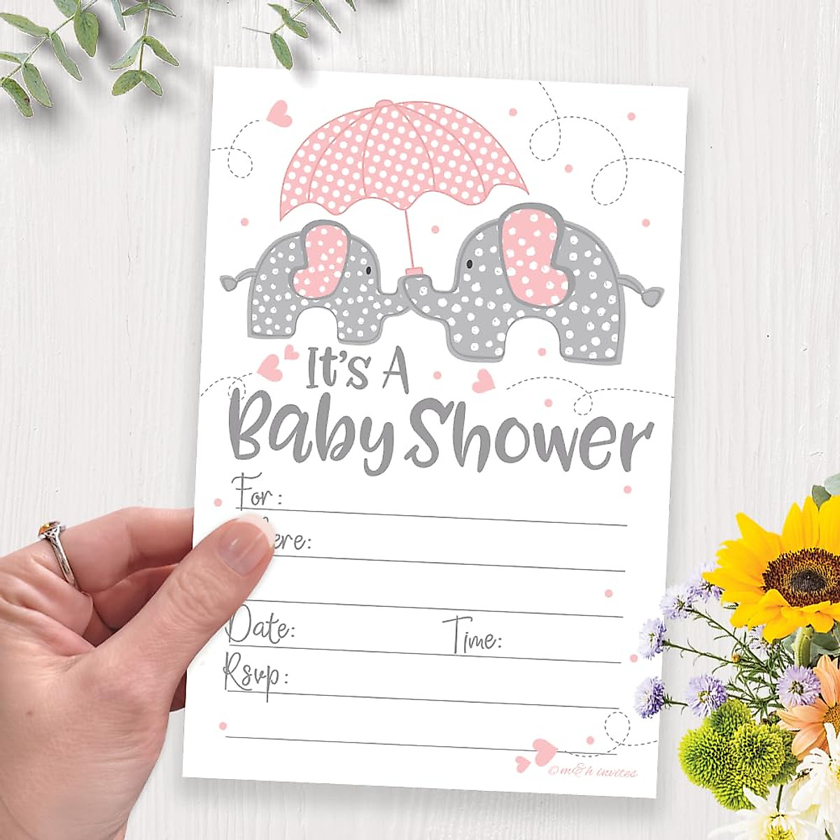 Pink Elephant Girl Baby Shower Invitations (20 Count) with Envelopes