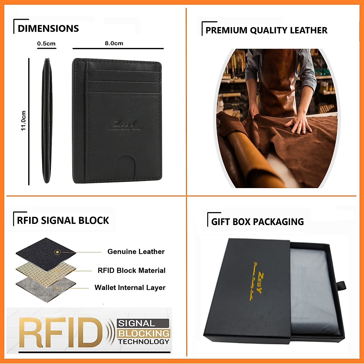 ZEGY Slim Credit Cardholder Minimalist Wallet – Premium Full Grain Leather Wallet– Cardholder Wallet for Men and Women with 7 Slots – Including 1 ID Card Slot – RFID Blocking Slim Wallet (Brown)