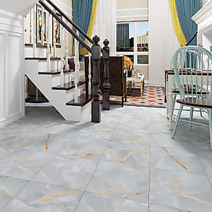 FunStick 30 Pack Peel and Stick Floor Tile Waterproof 12 x 12 Inch Grey Gold Marble Vinyl Flooring Peel and Stick for Bathroom Floor Tile Stickers Kitchen Laundry Room Bedroom Garage Laminate Flooring