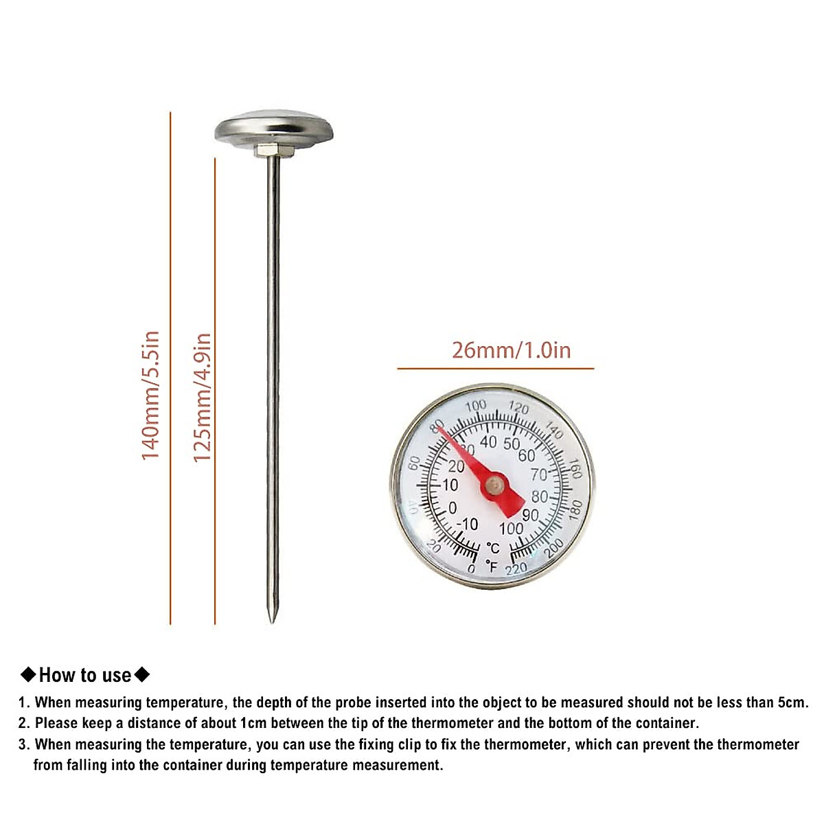 Food Thermometer, Kitchen Food-Cooking Meat Coffee Thermometer Stainless Steel Dial Tools, 1 Pieces Immediate Read Pocket Thermometer for Milk Coffee Tea Cold Drinks Silver