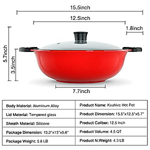 Hot Pot with Divider for Induction Cooker Dual Sided Soup Cookware Two-flavor Chinese Shabu Shabu Pot for Home Party Family Gathering, 4.5 Quart (Red)