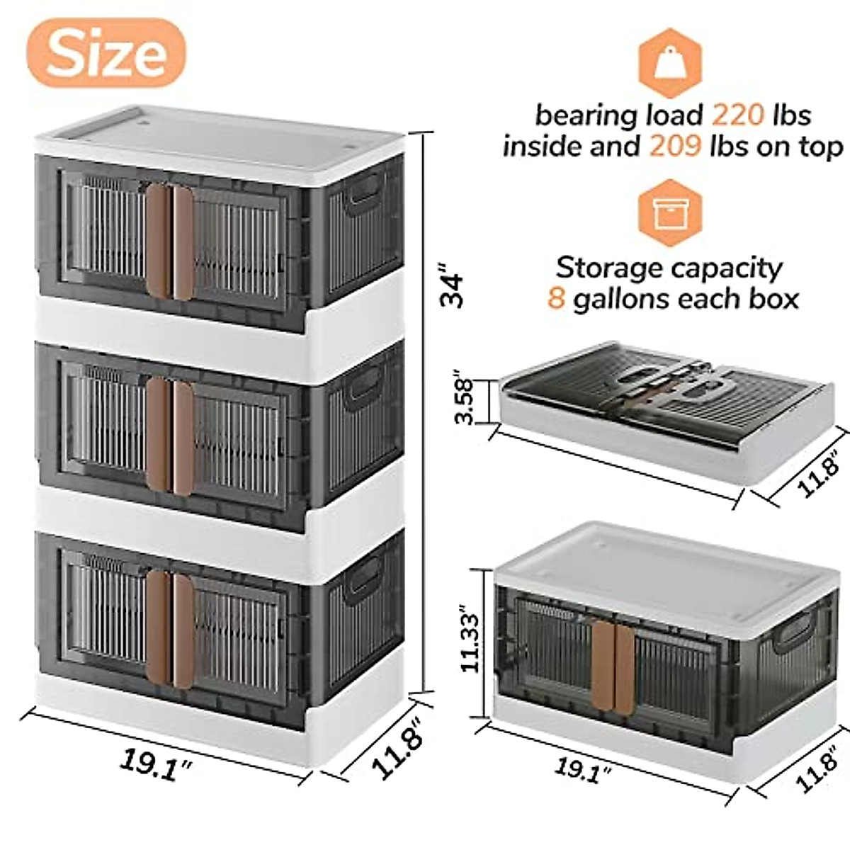 Sillars Storage Bins with Lid, Plastic Foldable Storage Box, Stackable and Nestable Storage Container for Home Organization, 3 Packs, 8 Gallons, Transparent