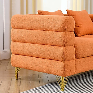 Antetek L-Shaped Sectional Couches, Modern Teddy Fabric Upholstered Chaise Lounge Sofa Couch with Square Arm and 4 Golden Metal Legs for Living Room, Office, Orange