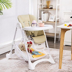 BABY JOY High Chair for Babies & Toddlers, Quick Folding Baby Highchair w/ 2 Lockable Wheels, Large Storage Basket, Removable Double Trays, Detachable PU, Adjustable Height,Backrest & Footrest (Gray)