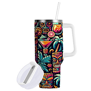 Jihqo Mexican Tropical Palm Trees 40 oz Stainless Steel Vacuum Insulated Tumbler with Handle and Straw Lid, Leakproof Water Bottle Double Wall Travel Mug Coffee Cup, Cupholder Friendly