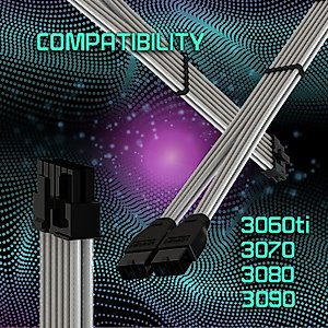LINKUP - Compatible with NVIDIA RTX3000 Ampere Founders Edition FE GPU┃Teflon High Power PSU Adapter 16AWG Silver Coated UL-Rated Wires w/Comb┃12P to 2 x 8P PCI-e Adapter┃30cm / 11.8" 300mm┃Silver