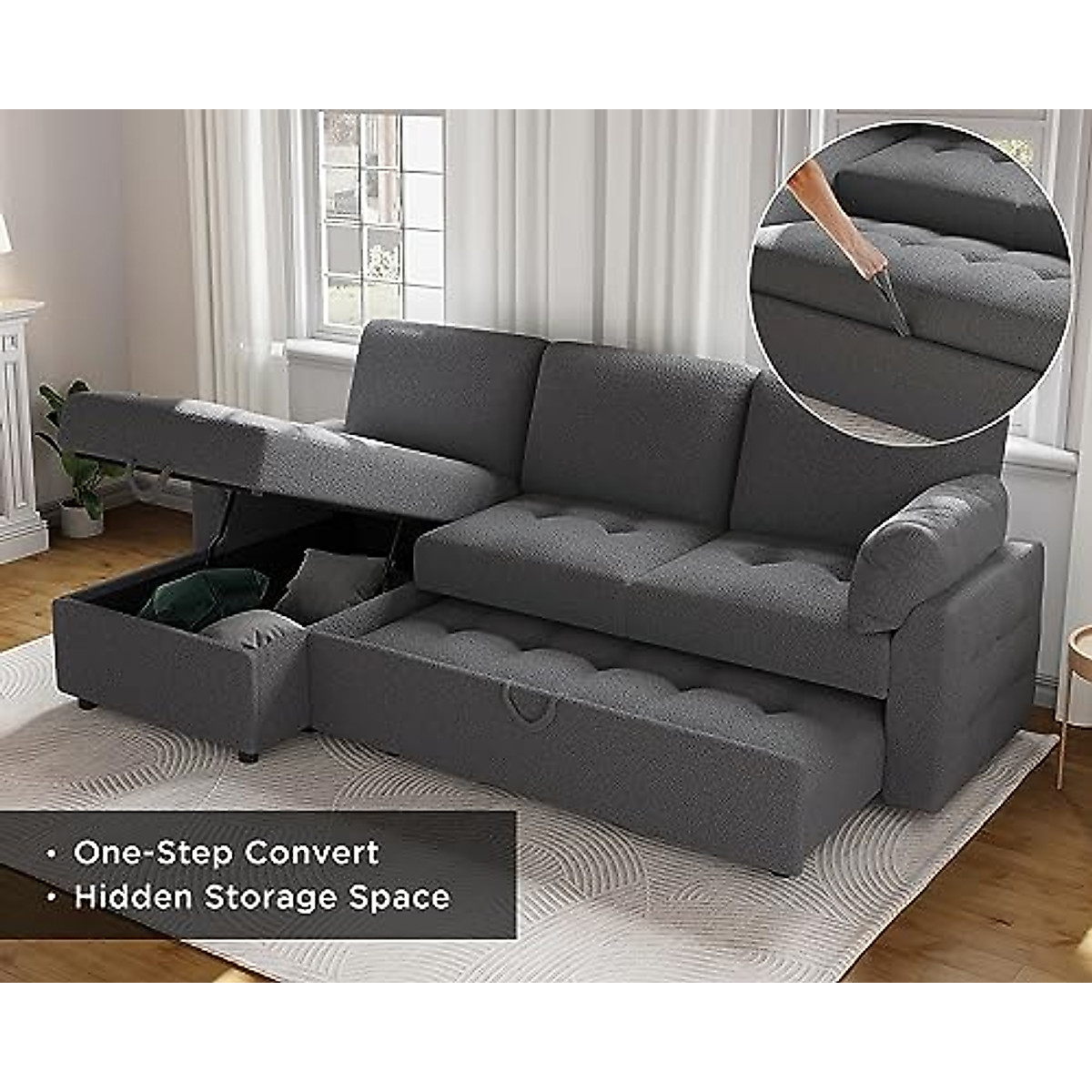 PaPaJet Pull Out Sofa Bed, Modern Tufted Convertible Sleeper Sofa, L Shaped Sofa Couch with Storage Chaise, Boucle Sectional Couch Bed for Living Room (Grey)