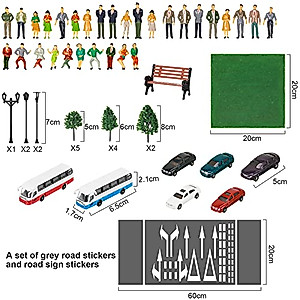 64 Pcs Railway Scenery Model Trains Architectural 1: 50 Scale Painted Figures Include Miniature People Mini Cars Light Lamp Bench Lawn White Colored Lines Trees Train Accessories for Micro Scene DIY