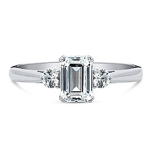 BERRICLE Sterling Silver 3-Stone Wedding Engagement Rings Emerald Cut Cubic Zirconia CZ Anniversary Promise Ring for Women, Rhodium Plated Size 4
