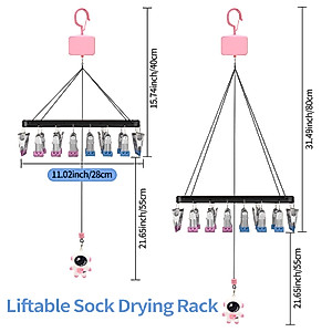 BEIJITA Liftable Sock Drying Rack, Stainless Steel Clothes Drying Hanger with 30 Clips, Socks Hanger Dryer with Swivel Wind-Proof Hook, Laundry Hanger for Socks, Towels, Bras, Lingerie, Baby Clothes