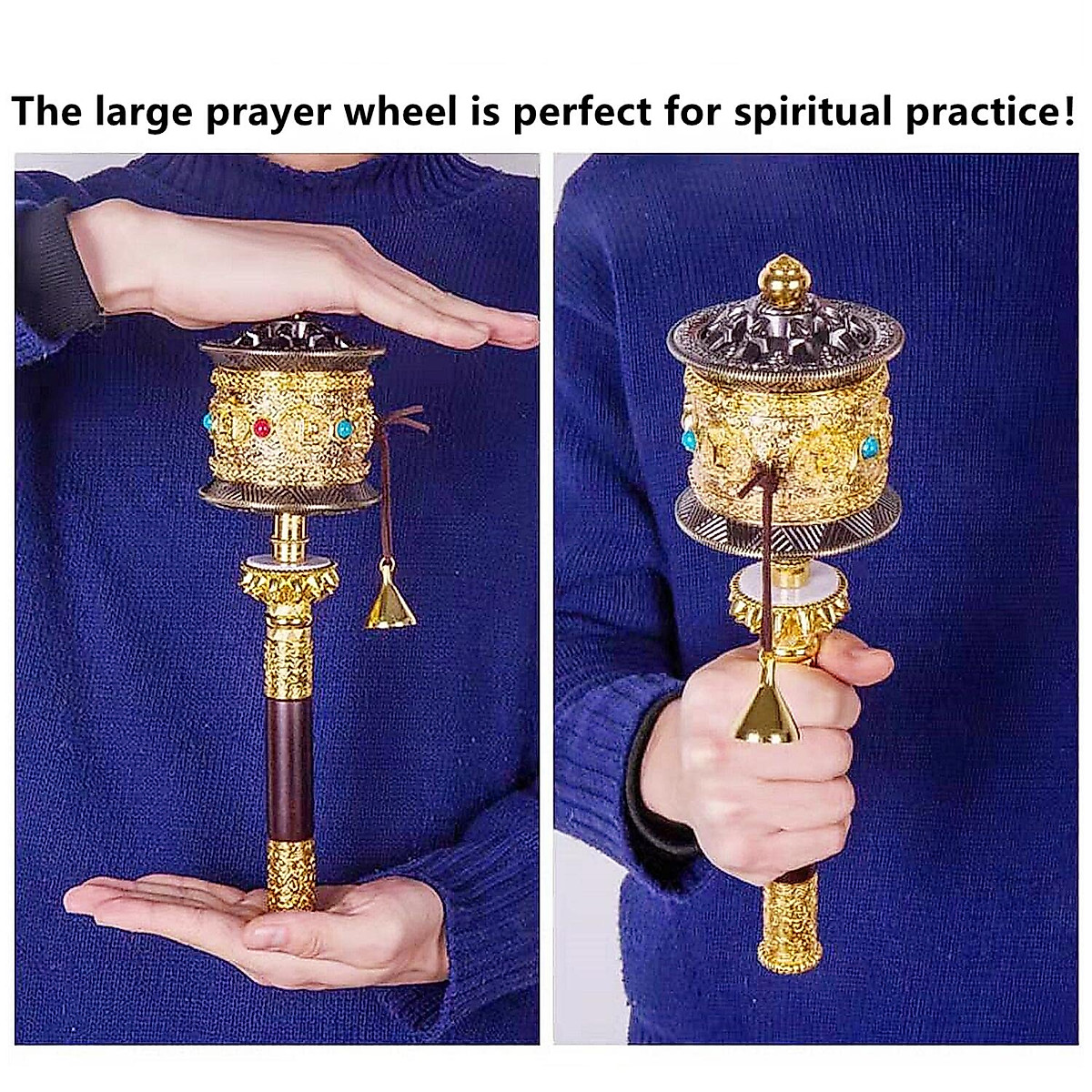 Copper Large Hand Held Prayer Wheel with Tibetan Buddhist Six-Character Truth Premium Buddha Scriptures, Wooden Handle Prayer Wheel for Praying, Blessing, Meditation, Healing, Relaxing, Yoga