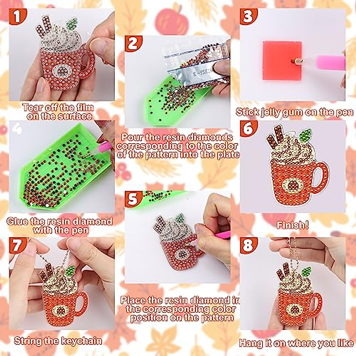 Augisteen 12 Pieces Fall Diamond Painting Keychains Fall Cocoa Diamond Art Key Rings DIY 5D Diamond Ornaments Fall Drinks Coffee Hanging Pendants Double Sided for Autumn Thanksgiving Party Decor