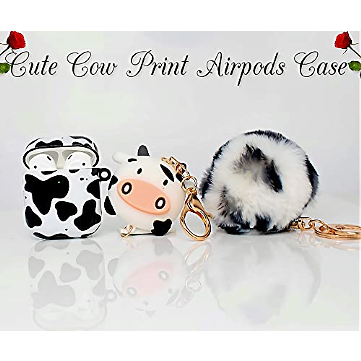 Redx1 Cow Airpod Case with Pompom and Strap Keychain Compatible with AirPods 2/1,Airpods Protective Hard Case Cover, Airpod Case for Women Girls Teen (Cow Print)