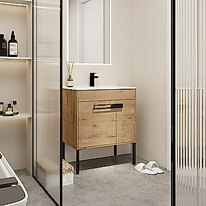 SSLine 2-in-1 Wall Mounted & Free Standing Bathroom Vanity with Sink Modern 30" Bathroom Vanity with Top Basin&Storage Cabinet Brown Oak Wood Bath Vanity w/Ceramic Sink for Small Space