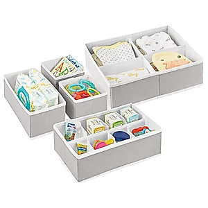 mDesign Soft Fabric Dresser Drawer/Closet Divided Storage Organizer Bins for Nursery - Holds Blankets, Bibs, Socks, Lotion, Clothes, Shoes, Toys, Jane Collection - Set of 5 - Stone Gray/White