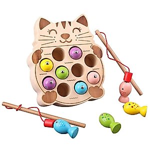 enlitoys Wooden Fishing Game Montessori Toys for Toddlers Magnetic Cat-Shape Fishing Toy Fine Motor Skill Learning with Fishing Pole Fishes Preschool Gifts for Kids Children