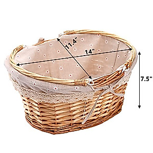 Peohud Wicker Picnic Basket, Woven Empty Easter Basket for Gifts, Picnic Hamper with Double Folding Handles, Willow Garden Harvest Basket with Linen for Candy, Egg Gathering, Toys, Wedding