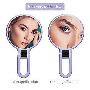 Dolovemk Travel Makeup Mirror with Stand,Suspended Makeup Mirror,Hand Mirrors with Handle Double Side,Travel Folding Hand Held Mirror 15x Magnification(Purple)