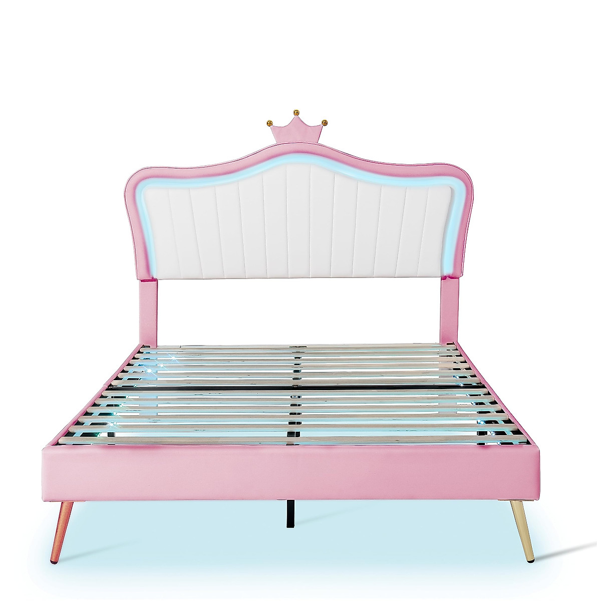 CKLMMC Cute Queen Size Upholstered Princess Bed with Crown Headboard, Modern Upholstered Bed Frame with LED Lights, No Box Spring Required (White+Pink/Princess1)