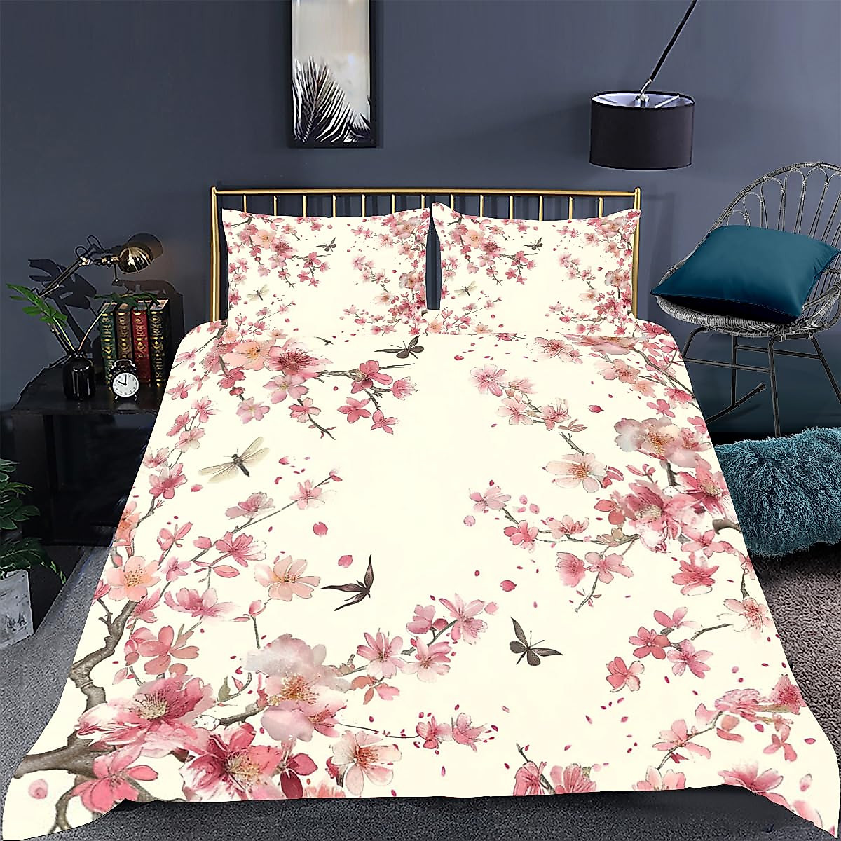 CCoutueChen Japanese Cherry Blossoms Duvet Cover Set King Size Pastel Pink Floral Comforter Bedding Set Nature Duvet Covers for Girls Women Adults Exquisite Flowers Duvet Cover with 2 Pillowcases