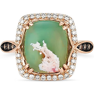 LE VIAN 4 2/3 Carat Cushion Shaped Green Aquaprase Cabochon White Topaz and Smokey Quartz Halo Statement Ring for Women in 14k Rose Gold Plated 925 Sterling Silver Promise Anniversary Ring Size 10