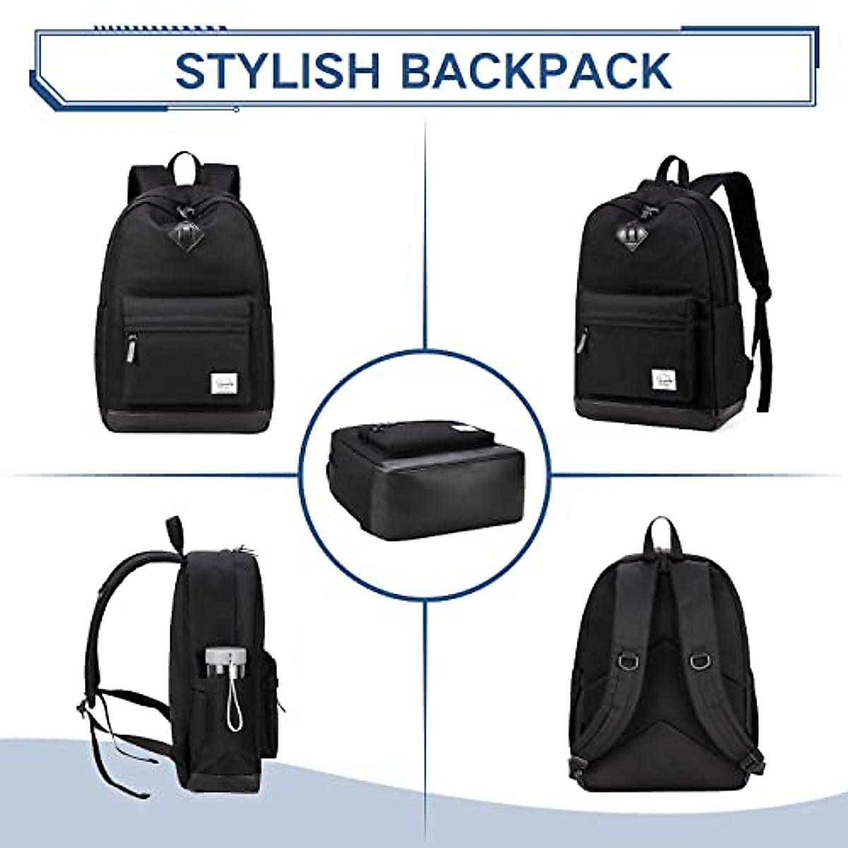 VASCHY Backpack for Men Women, Water-Resistant School Backpack Bookbag Daypack for Teens/College Students Plain Black