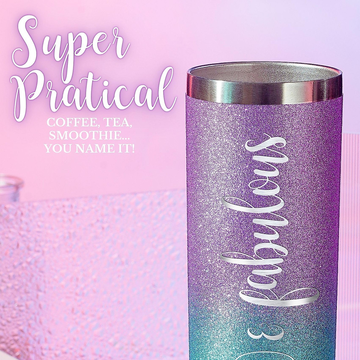 Onebttl 60th Birthday Gifts for Women, 60 & Fabulous, 60th Birthday Gift Idea for Women, 60th Bday Gifts, Stainless Steel Tumbler 20Oz - Glitter Purple&Blue