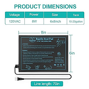 GOLOPET Reptile Heating Pad- 6X8 Inch 8W Heating Pad for Reptile Tank(10-20gal),Warmer Reptile Heat Mat for Hermit Crab, Turtles, Lizards, Frogs, and Other Reptiles