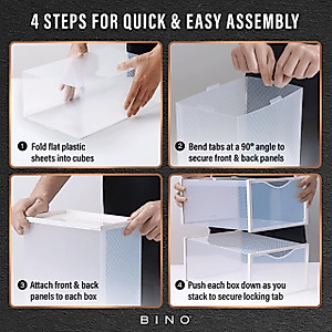 BINO 12-Pack Plastic Stackable Shoe Box Set - Clear | Foldable Shoe Storage Container | Sneaker Bins | Shoe Rack Box | Transparent | Portable Stacking Shoe Boxes Front Open