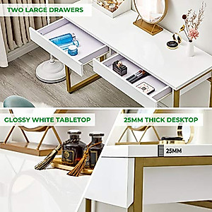 GreenForest Vanity Desk with 2 Drawers Glossy White Makeup Table 47 inch Modern Home Office Computer Desk Dressing Console Table with Metal Gold Legs for Bedroom,Without Mirror