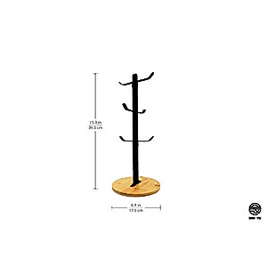 Countertop Mug Tree, 6 Mug Holder, Coffee & Tea Cup Storage Rack, Coffee Counter Bar Accessory & Kitchen Organizer- ShinYik Japanese Zakka Style with Bamboo Wood and Black Iron