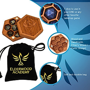 Elderwood Academy Keychain Hex Dice Wood Chest with Magnetic Lid - Perfect for DnD, Magic the Gathering Dice Counters and Any Other Tabletop Games (Mini-Cherry/Dragon)