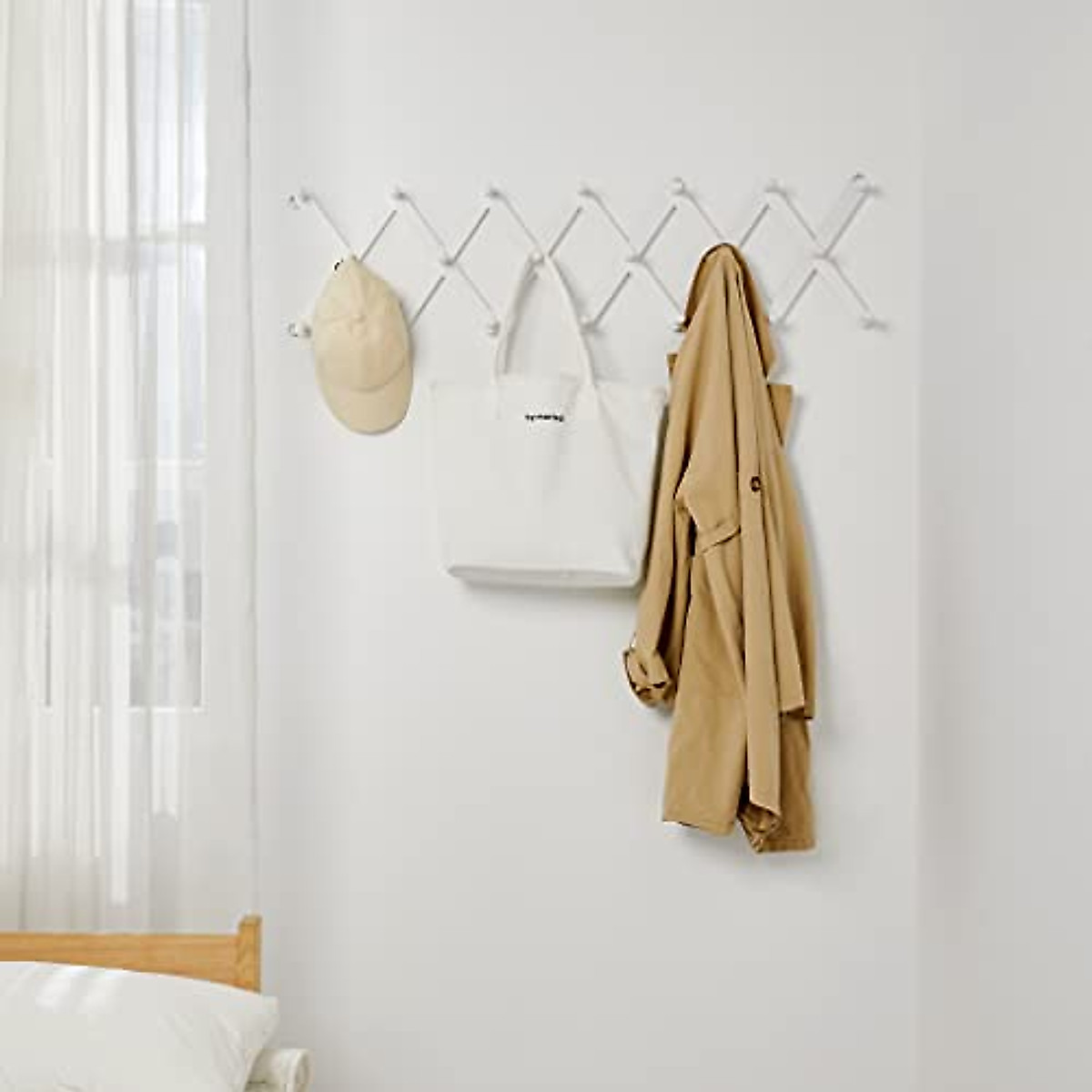BSFHH Wooden Wall Hanger Expandable Coat Rack Accordion Design 14 Peg Hooks for Hanging Storage Clothes, Hats,Caps,Scarves,Purses,Mug,Towels,Umbrella,Accessories,Mugs,X Shape