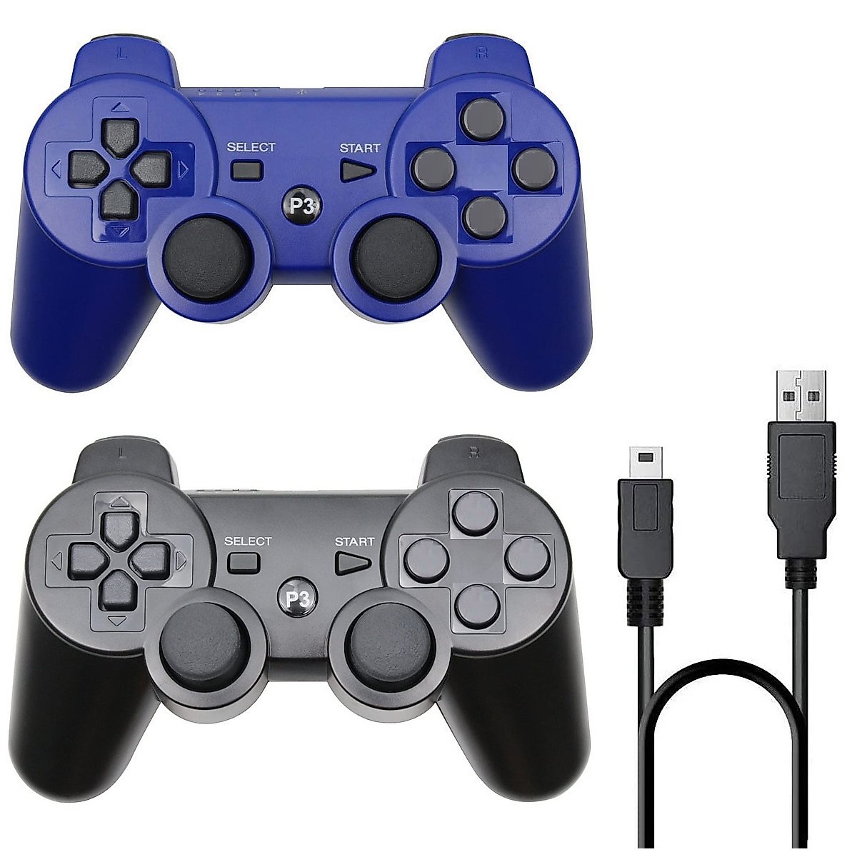 Rzzhgzq 2 Pack PS3 Wireless Controller Playstation 3 Controller Wireless Bluetooth Gamepad with USB Charger Cable for PS3 Console (Black+Blue)