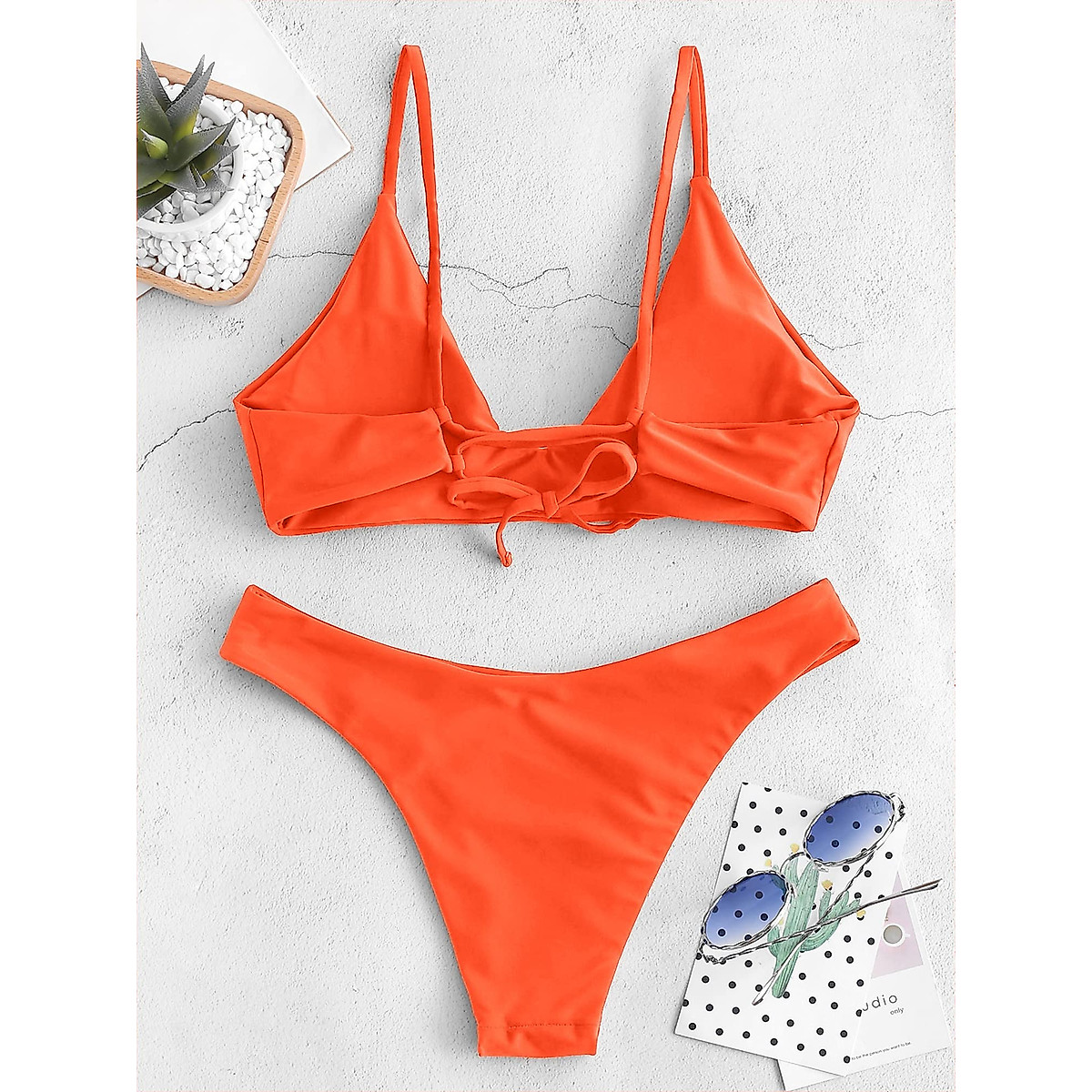 ZAFUL Women's Tie Back Padded High Cut Bralette Bikini Set Two Piece Swimsuit (1-Pumpkin Orange, M)