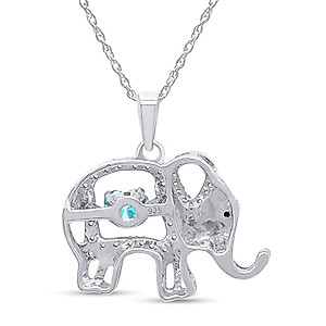 AFFY Simulated Aquamarine And White Cubic Zirconia Floater Elephant Pendant Necklace, 14K White Gold Over Sterling Silver, 5MM Heart Cut Center Aquamarine, 18'' Rope Chain